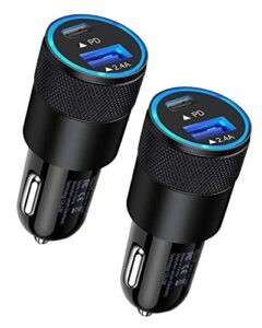 30w usb c car charger, [2pack] pd 3.0 fast charge dual port usb type c and 2.4a usb a cargador carro lighter adapter base for iphone, ipad, samsung galaxy, lg, google pixel gps, z play droid, motorola