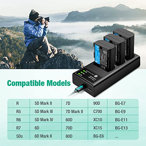 FirstPower LP-E6NH Battery 3-Pack and Triple Slot Charger Compatible with Canon EOS R R5 R6 R7 60D 70D 80D 90D 5D Mark II III IV 6D 6D II 7D 7D II Camera