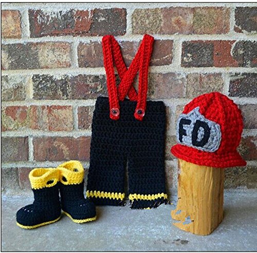 Pinbo Newborn Boys Photography Prop Crochet Firefighter Fireman Hat Pants Shoes