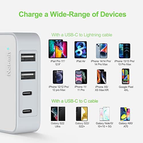 Nekmit USB C Charger, Thin Flat 52W 4-Port Fast Wall Charger with Two 20W Power Delivery and 2 USB Port for iPhone 14/14 Pro/14 Pro Max, Galaxy, Pixel, iPad Pro, AirPods Pro and More, Upgraded