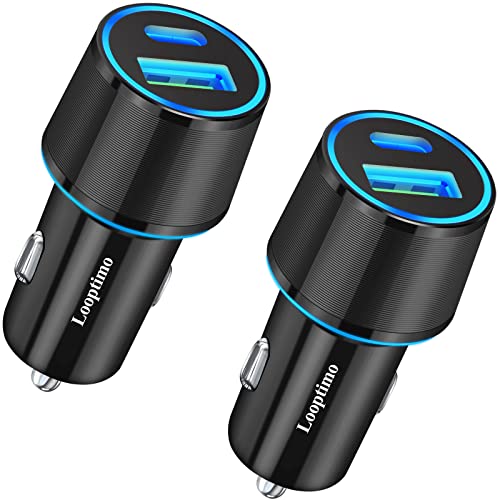 35W PD USB C Car Charger，Looptimo Type C Fast Charging Cigarette Lighter Adapter(2 Pack), Power Delivery 3.0 and 3A USB A Dual Port Compatible for Apple iPhone 14 Pro Max/14 Plus/14 Pro/13/12/11/XS/XR