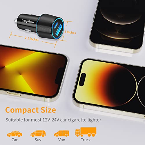 35W PD USB C Car Charger，Looptimo Type C Fast Charging Cigarette Lighter Adapter(2 Pack), Power Delivery 3.0 and 3A USB A Dual Port Compatible for Apple iPhone 14 Pro Max/14 Plus/14 Pro/13/12/11/XS/XR