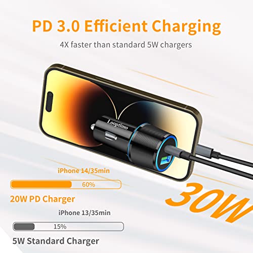 35W PD USB C Car Charger，Looptimo Type C Fast Charging Cigarette Lighter Adapter(2 Pack), Power Delivery 3.0 and 3A USB A Dual Port Compatible for Apple iPhone 14 Pro Max/14 Plus/14 Pro/13/12/11/XS/XR