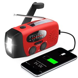 emergency hand crank radio with led flashlight for emergency, am/fm noaa portable weather radio with 2000mah power bank phone charger, usb charged & solar power for camping, emergency