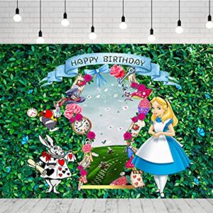 Alice in Wonderland Backdrop for Birthday Party Supplies 5x3ft Green Leaves Photo Background for Alice Wonderland Theme Party Cake Table Decorations Baby Shower Banner