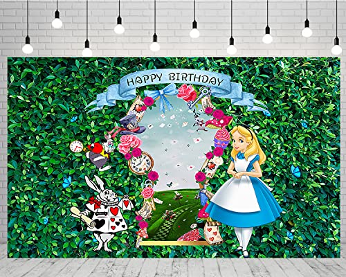 Alice in Wonderland Backdrop for Birthday Party Supplies 5x3ft Green Leaves Photo Background for Alice Wonderland Theme Party Cake Table Decorations Baby Shower Banner