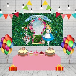 Alice in Wonderland Backdrop for Birthday Party Supplies 5x3ft Green Leaves Photo Background for Alice Wonderland Theme Party Cake Table Decorations Baby Shower Banner