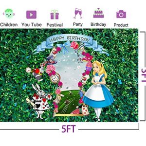 Alice in Wonderland Backdrop for Birthday Party Supplies 5x3ft Green Leaves Photo Background for Alice Wonderland Theme Party Cake Table Decorations Baby Shower Banner