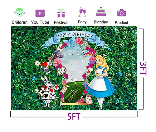 Alice in Wonderland Backdrop for Birthday Party Supplies 5x3ft Green Leaves Photo Background for Alice Wonderland Theme Party Cake Table Decorations Baby Shower Banner