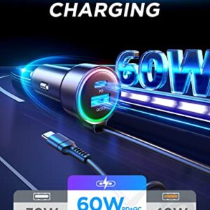 USB C Car Charger, 60W Super Fast Car Charger PD& QC3.0 with 5ft 30W Super Fast Type C Coiled Cable, Car Charger for Samsung Galaxy S23/S22/S21/Google Pixel/Moto/LG/Android, iPad Pro