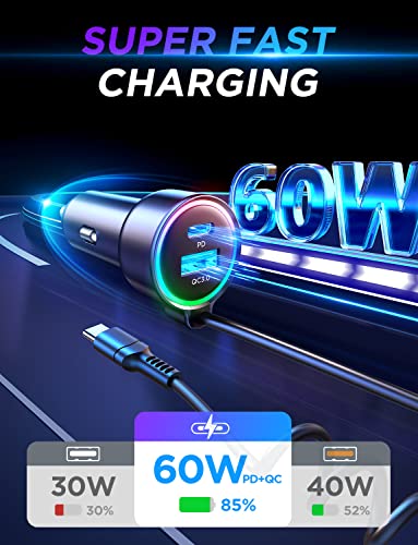 USB C Car Charger, 60W Super Fast Car Charger PD& QC3.0 with 5ft 30W Super Fast Type C Coiled Cable, Car Charger for Samsung Galaxy S23/S22/S21/Google Pixel/Moto/LG/Android, iPad Pro