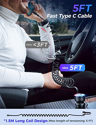 USB C Car Charger, 60W Super Fast Car Charger PD& QC3.0 with 5ft 30W Super Fast Type C Coiled Cable, Car Charger for Samsung Galaxy S23/S22/S21/Google Pixel/Moto/LG/Android, iPad Pro