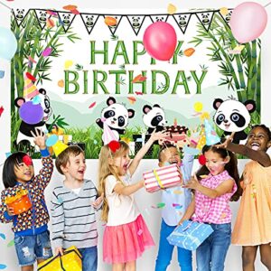 Cartoon Panda Happy Birthday Backdrop Green Bamboo Panda Theme Baby Shower Photo Background Kids Children Newborn Birthday Party Decorations Cake Table Decorations