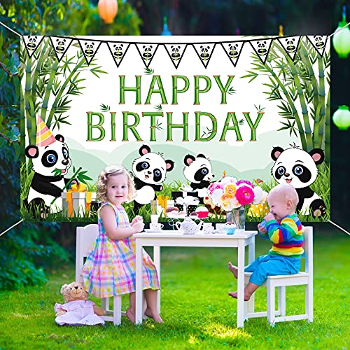 Cartoon Panda Happy Birthday Backdrop Green Bamboo Panda Theme Baby Shower Photo Background Kids Children Newborn Birthday Party Decorations Cake Table Decorations