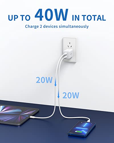 USB C Charger Block PD 3.0 Double C Charger Block 40W Fast Charger Dual USB C Wall Plug w/Foldable Plug, 2-Port (20W+20w) Charger Block USB C for iPhone 14/13 Pro Max, iPad, Galaxy, Pixel etc.