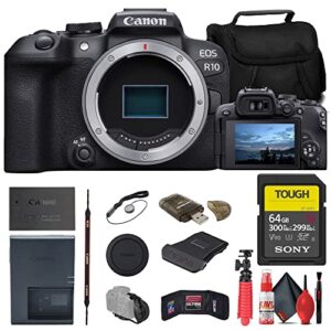 canon eos r10 mirrorless camera (5331c002) + sony 64gb tough sd card + bag + card reader + flex tripod + hand strap + memory wallet + cap keeper + cleaning kit (renewed)