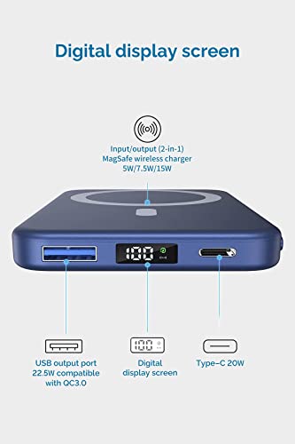 DEKSMO Wireless Power Bank 10000mAh Fast Charging,Slim Magnetic Portable Charger USB C PD 22.5W,Small LED Display QC3.0 External Battery Pack for iPhone 13/12/11/10 Pro Max/Mag-Safe/Samsung/Phones