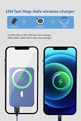 DEKSMO Wireless Power Bank 10000mAh Fast Charging,Slim Magnetic Portable Charger USB C PD 22.5W,Small LED Display QC3.0 External Battery Pack for iPhone 13/12/11/10 Pro Max/Mag-Safe/Samsung/Phones