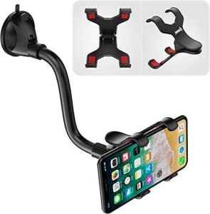 ipow upgraded no glue car phone mount windshield with strong suction, long arm cell phone holder for car with x-shaped clamp fits thick/irregular phone case