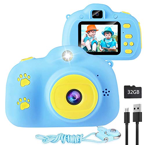 Kids Camera 1080p Hd Digital Video 8mp Camera 2-inch IPS Screen Selfie Micro Camera with 32gb Sd Card Rechargeable Children Camera Birthday New Year Toy Gifts (Blue)