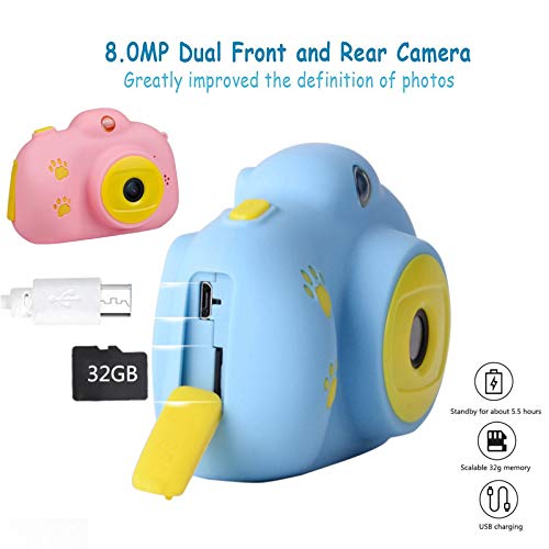 Kids Camera 1080p Hd Digital Video 8mp Camera 2-inch IPS Screen Selfie Micro Camera with 32gb Sd Card Rechargeable Children Camera Birthday New Year Toy Gifts (Blue)