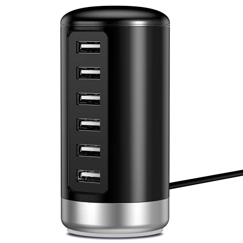 Desktop USB Charging Station, Universal 6 Ports USB Charger with Smart Identification Technology for iPhone, iPad, Android and All Other USB Enabled Devices, Black & Silver