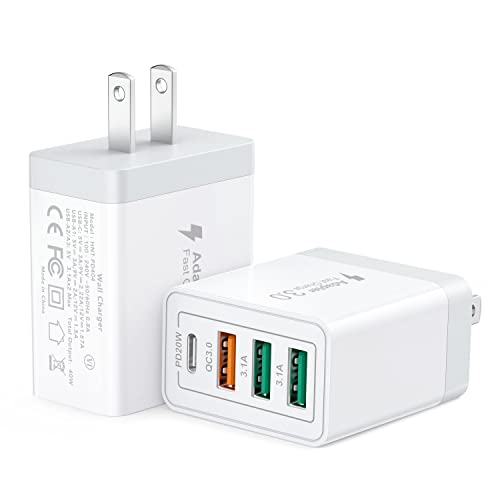 [2 Pack] USB-C Wall Charger, 40W Durable 4Port QC+PD 3.0 Power Adapter, Double Fast Plug Charging Block for iPhone 14/14 Pro/14 Pro Max/14 Plus/13/12/11, XS/XR/X, Watch Series 8/7 Cube(White)