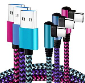 teeind usb type c cable 2.1a fast charging: [90 degree/6ft/3pack] nylon usb c cord right angle compatible with samsung galaxy s10/s10e/9/note 10, usb c charger-blue/magenta/purple