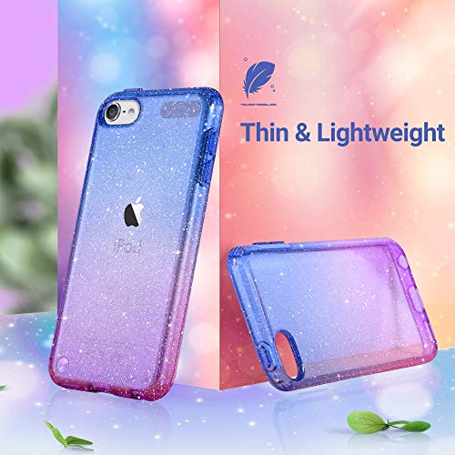 ULAK Clear Gradient Glitter Case for iPod Touch 7th/6th/5th Generation, Hybrid Slim Cute Case for Girls Women, Shockproof Anti-Scratch Soft TPU Bumper Cover for iPod Touch 7/6/5, Blue+Purple