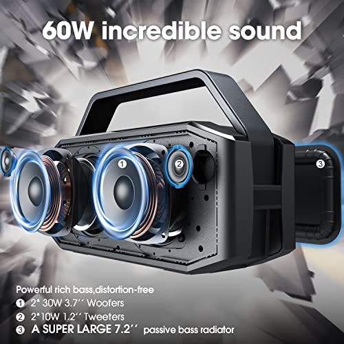 W-KING Portable Loud Bluetooth Speakers with Subwoofer, 60W (80W Peak) Outdoor Speakers Bluetooth Wireless Waterproof Speaker, Heavy Bass/V5.0/40H Play/Power Bank/TF Card/AUX/NFC/EQ, Large for Party