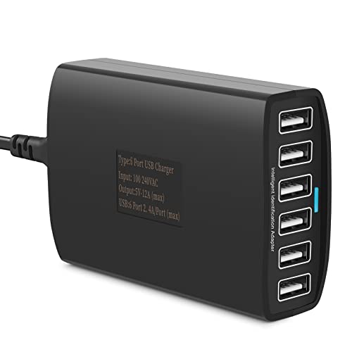 USB Charger 60 Watt 12A 6-Port PowerPort 6 Multi USB Wall Charging Station Multi-Port USB Charger Hub for Apple iPhone/iPad Air/Samsung/Galaxy/Note/LG/HTC/Tablets and More USB Device