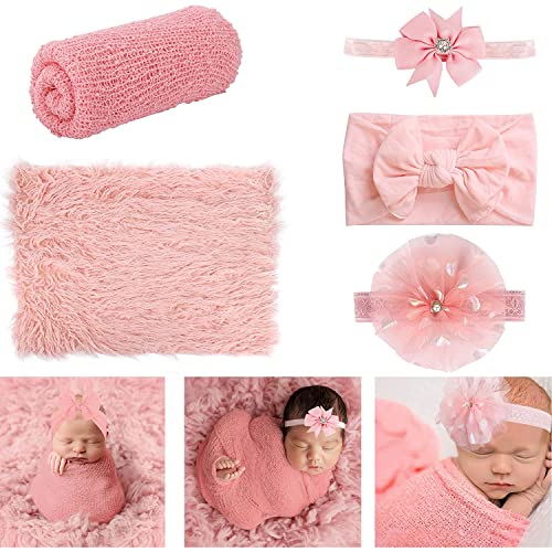 Newborn Photography Props, 5 PCS Baby Photo Props Long Ripple Wraps with Headbands, Pink Baby Photography Wrap Set for Baby Girl and Boy