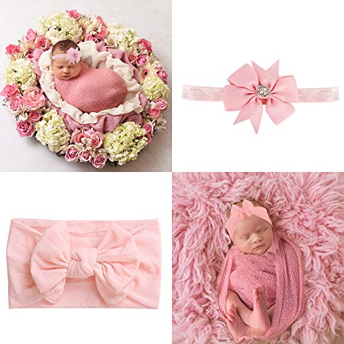 Newborn Photography Props, 5 PCS Baby Photo Props Long Ripple Wraps with Headbands, Pink Baby Photography Wrap Set for Baby Girl and Boy