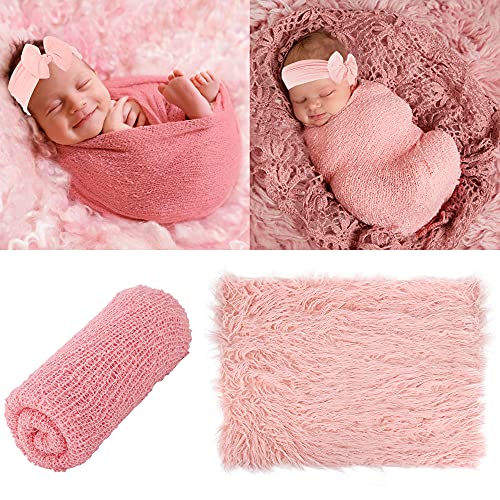 Newborn Photography Props, 5 PCS Baby Photo Props Long Ripple Wraps with Headbands, Pink Baby Photography Wrap Set for Baby Girl and Boy