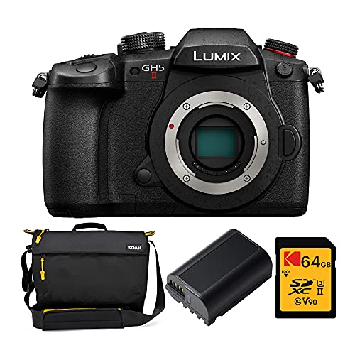 Panasonic LUMIX GH5 II Mirrorless Camera Body with Live Streaming with Extra Panasonic DMW-BLK22 Battery, Koah Pro Fulton Precision Camera Bag, and 64GB V90 UHS II SD Card Bundle (4 Items)