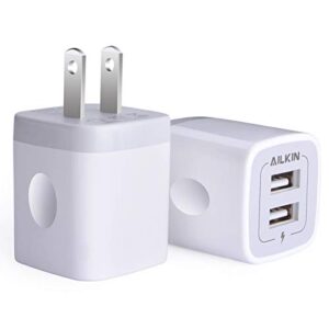 usb wall charger, charger adapter, ailkin 2-pack 2.1a dual port quick charger plug cube for iphone 14 13 12 11 pro max 10 se x xs 8 plus samsung galaxy s22 s21 s20 power block fast charging box brick