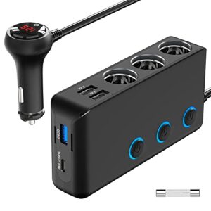 car charger splitter 200w, qidoe 3 socket cigarette lighter adapter with pd20w usb-c & qc3.0 multi usb car charger 12v/24v dc outlet cigarette splitter power switches voltmeter for gps dash cam phone