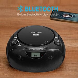 Nextron Portable Bluetooth CD Player Boombox with AM/FM Radio, USB, AUX and Headphone Jack, CD-R/RW and MP3 CDs Compatible, Stereo System for Home with Dual Speakers, AC/Battery Operated - Black