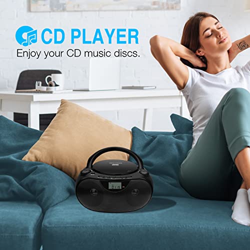 Nextron Portable Bluetooth CD Player Boombox with AM/FM Radio, USB, AUX and Headphone Jack, CD-R/RW and MP3 CDs Compatible, Stereo System for Home with Dual Speakers, AC/Battery Operated - Black