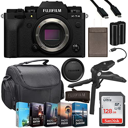 Paging Zone FUJIFILM X-T4 Mirrorless Camera Body Only (Black - 16652855) Bundle + 128GB High Speed Memory Card + Shoulder Case, Grip Tripod and Photo/Video Editing and Management Software Package