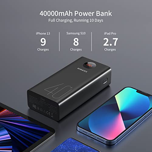 ROMOSS 40000mAh Power Bank, 18W PD USB C Fast Charging Portable Phone Charger, 3 Outputs and 2 Inputs External Battery Pack with LED Display for iPhone 14/13/13 Pro Max, iPad, Samsung Galaxy and More