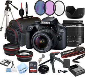 canon eos 4000d (rebel t100) dslr camera w/ef-s 18-55mm f/3.5-5.6 zoom lens + 128gb memory + case + tripod + filters (28pc bundle) (renewed)