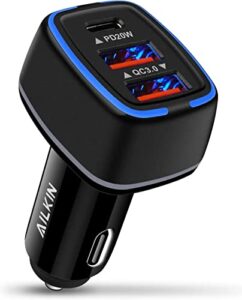 ailkin 56w pd usb c car charger, type-c super fast power charging block 3-port usb a & usbc auto cargador carro lighter adapter for iphone, ipad, samsung galaxy, lg, google pixel, moto, usb-c&a port