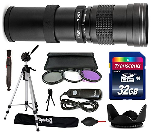 Opteka 420-800mm f/8.3 HD Telephoto Zoom Lens Bundle Package includes 70" Tripod Photo/Video Tripod + 32GB Memory Card + 3 Piece UV-FL-CPL Filters + Hood + Remote Shutter Release Control + Dust Blower + Lens Pen + Cleaning Kit for Canon EOS 6D, 7D Mark II