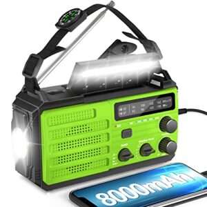 【2023 newest】8000mah emergency hand crank radio,amfm noaa weather alert radio,survival solar powered radio with super bright flashlight,phone charger,sos alarm,compass for hurricane,outdoor emergency