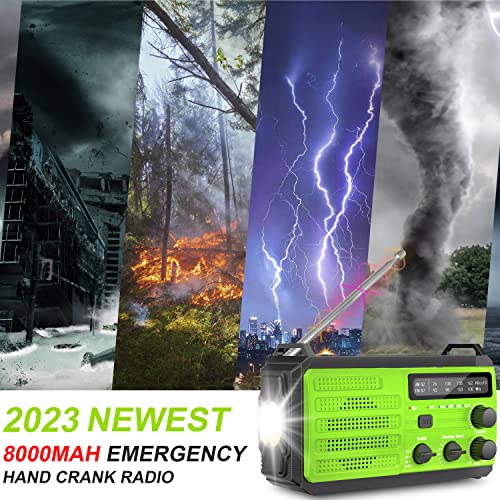 【2023 Newest】8000mAh Emergency Hand Crank Radio,AMFM NOAA Weather Alert Radio,Survival Solar Powered Radio with Super Bright Flashlight,Phone Charger,SOS Alarm,Compass for Hurricane,Outdoor Emergency