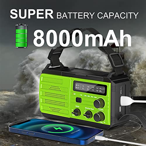 【2023 Newest】8000mAh Emergency Hand Crank Radio,AMFM NOAA Weather Alert Radio,Survival Solar Powered Radio with Super Bright Flashlight,Phone Charger,SOS Alarm,Compass for Hurricane,Outdoor Emergency