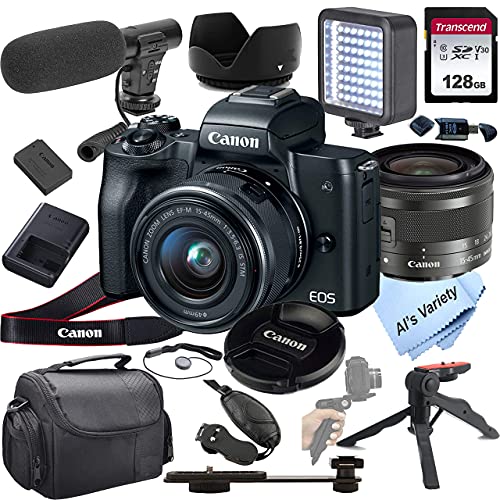 Al's Variety-Canon intl Canon EOS M50 Mirrorless Digital Video Kit with 15-45mm Zoom Lens + Shot-Gun Microphone 6 + LED on Light+ 128GB Card, Gripod, Case, and More (18pc Video Bundle) (Renewed)