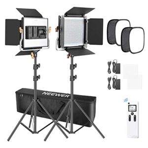 neewer 2 packs advanced 2.4g 480 led video light, photography lighting kit with bag, dimmable bi-color led panel with 2.4g wireless remote, 480 led panel softbox and light stand for portrait product