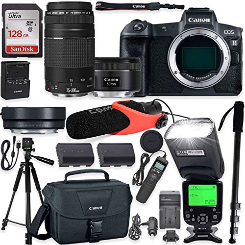 Canon EOS R Mirrorless Digital Camera with Mount Adapter EF-EOS R Kit + Canon EF 50mm f/1.8 & EF 75-300mm III Lenses + TTL Speedlight Flash + Comica Pro Mic + 60" Tripod + Accessory Kit (Renewed)